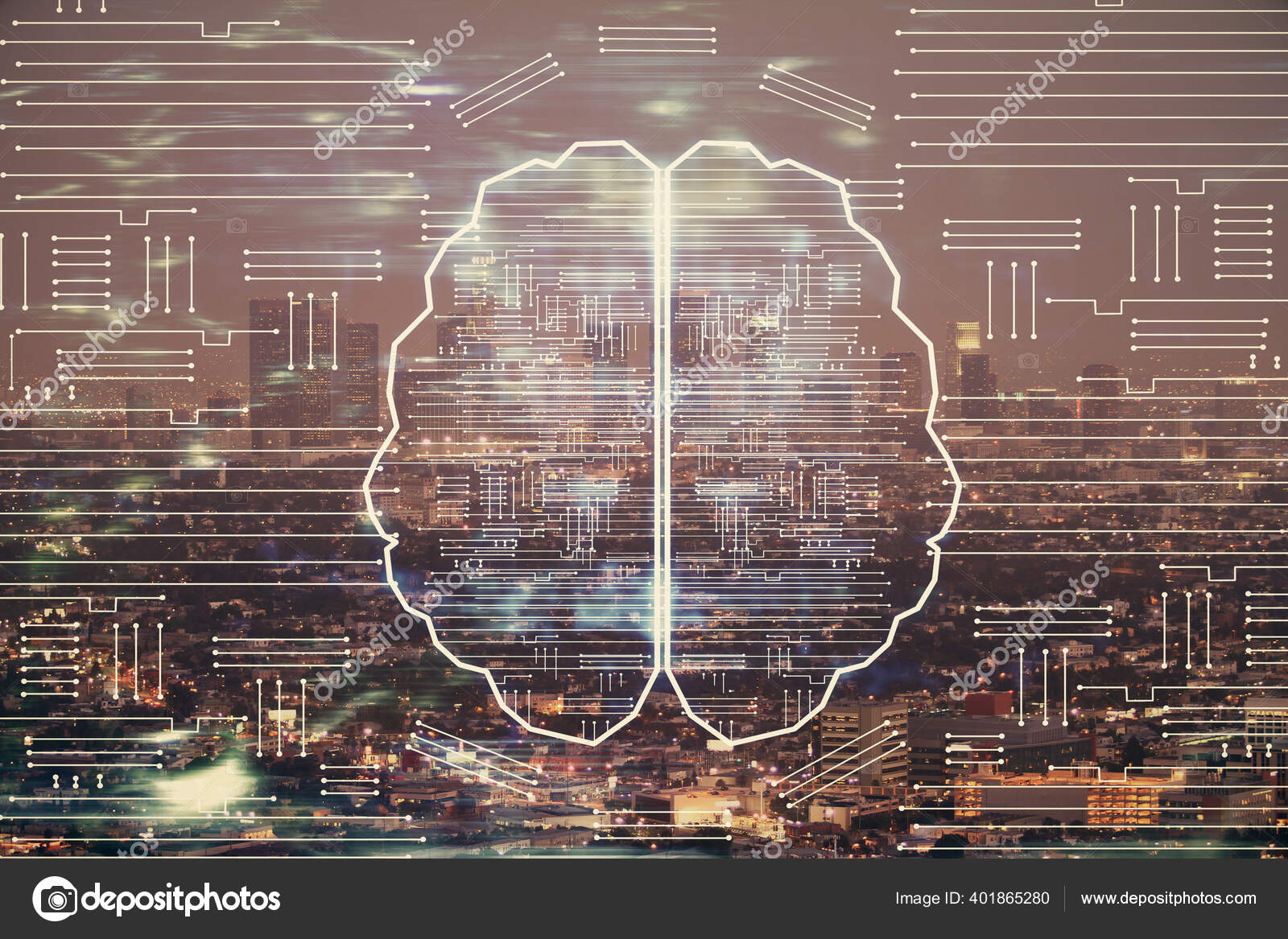 Brain hologram drawing on city scape background Double exposure ...