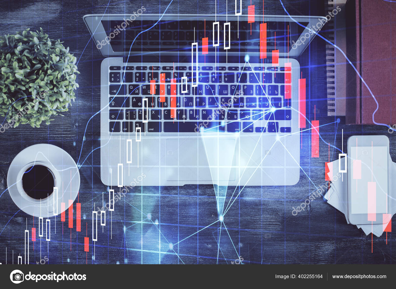 Stock market chart and top view computer on the table background ...