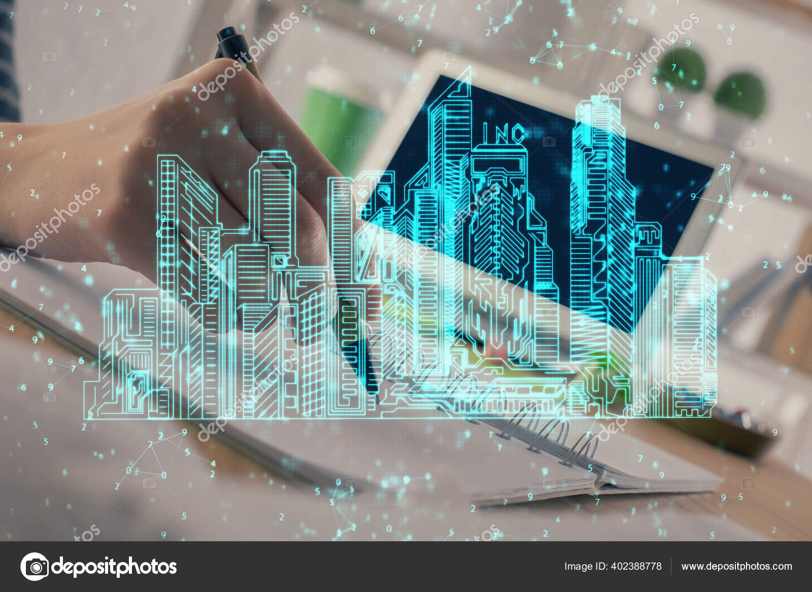 IOT drawing over writing hands in notepad background. Concept of smart ...