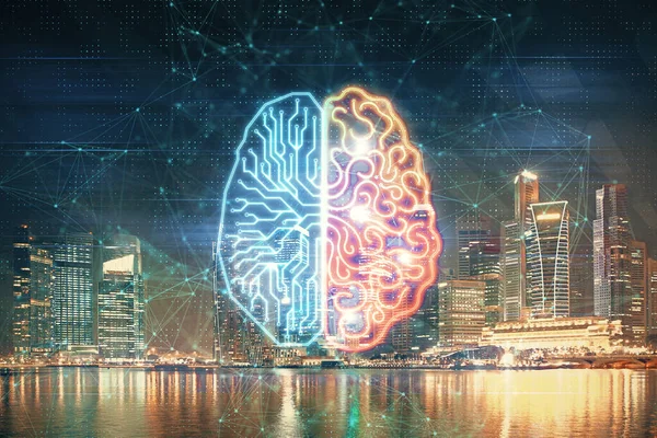 Brain hologram drawing on city scape background Double exposure ...