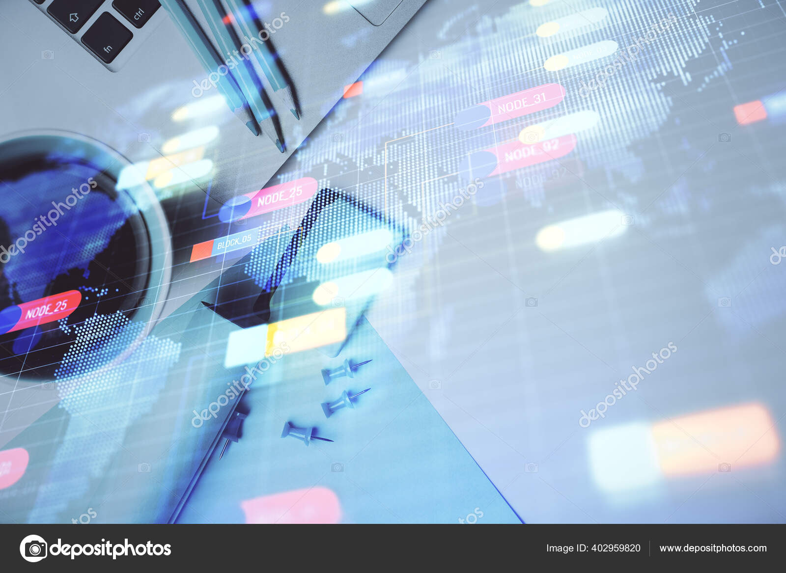 Multi exposure of data drawing hologram over topview of study desk ...