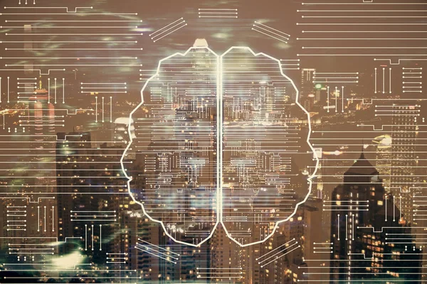 Brain hologram drawing on city scape background Double exposure ...