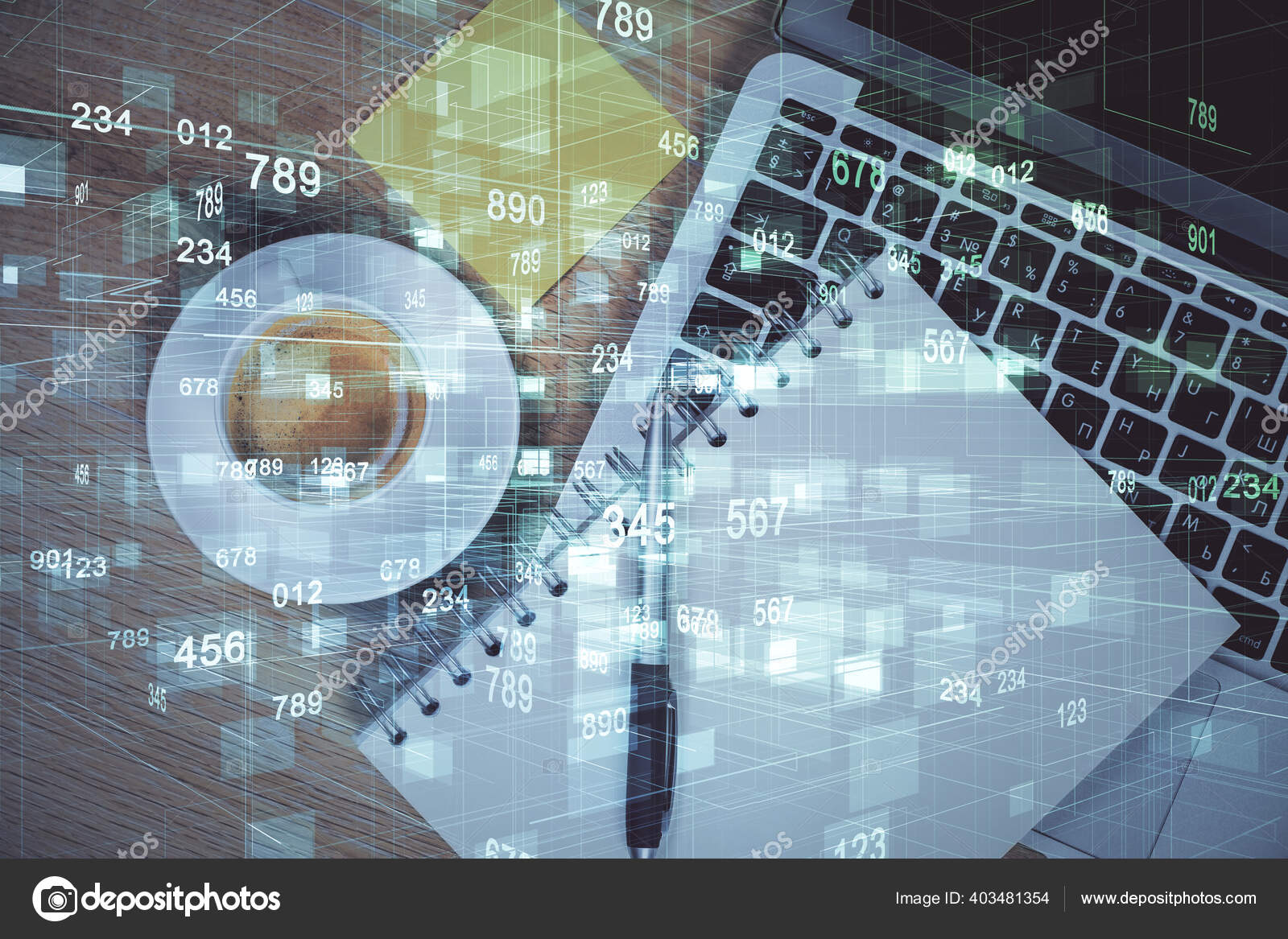 Double Exposure Data Drawing Hologram Topview Study Desk Background ...
