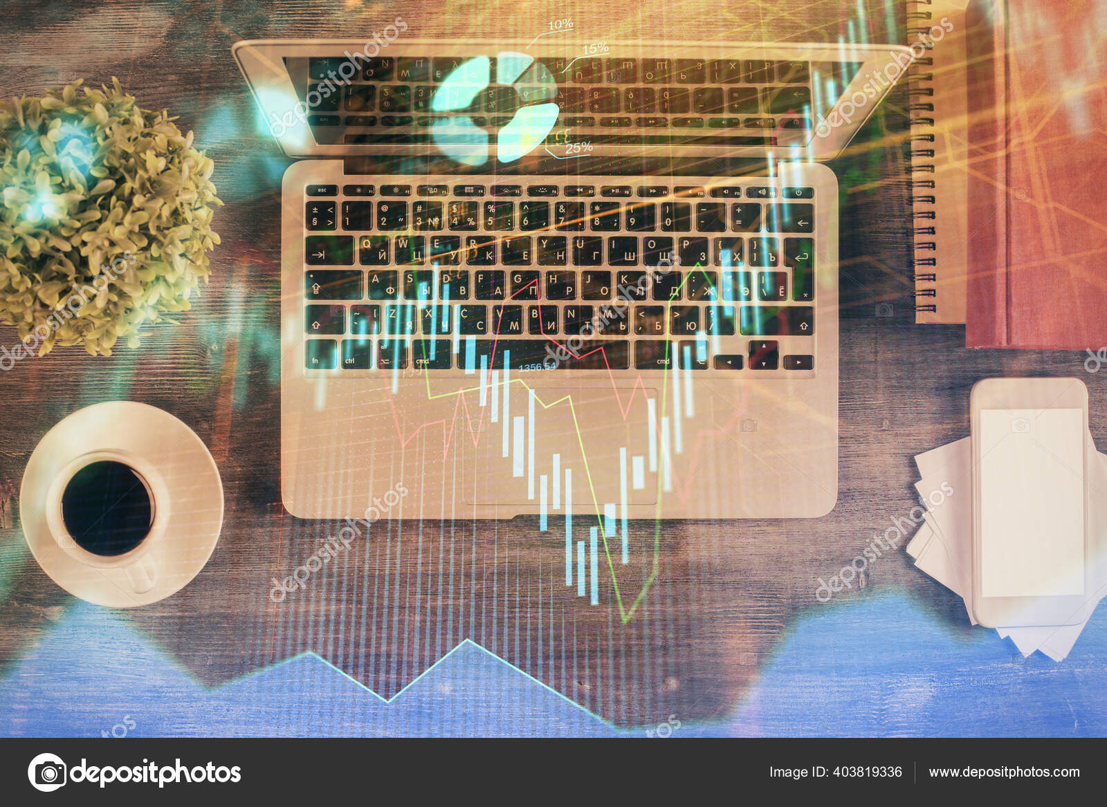 Stock Market Chart Top View Computer Table Background Multi Exposure ...