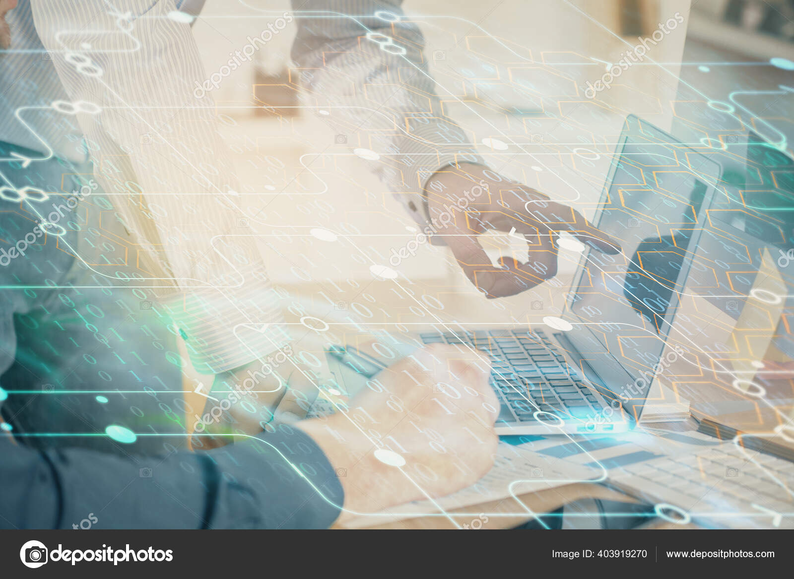 Multi Exposure Tech Drawings Man Working Computer Background Concept ...