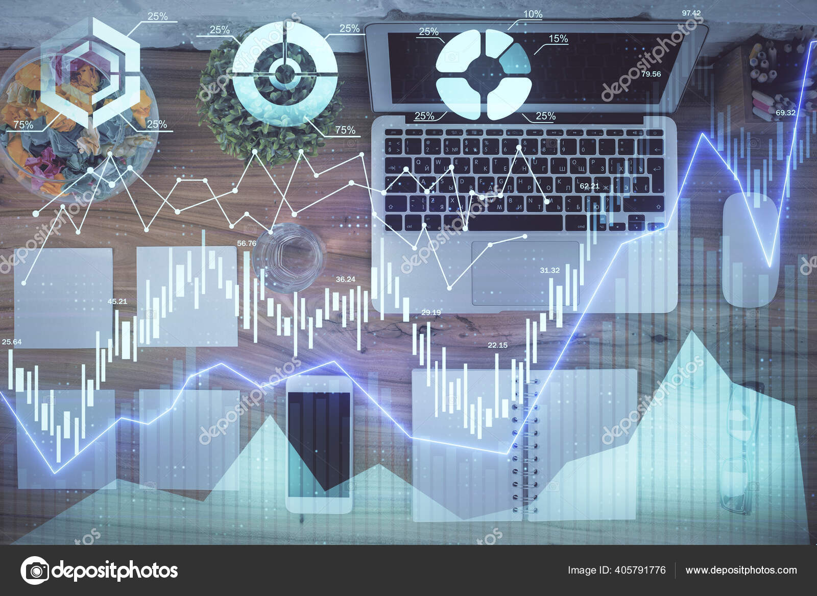 Stock Market Graph Top View Computer Table Background Multi Exposure ...