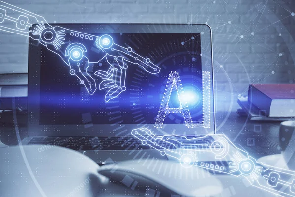 Multi exposure of computer on background and technology theme drawing ...