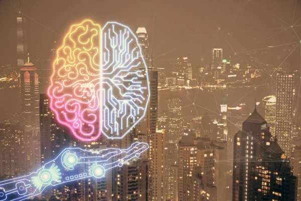Brain hologram drawing on city scape background Double exposure ...