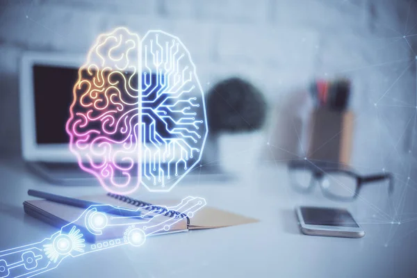 Multi exposure of work space with computer and human brain hologram ...