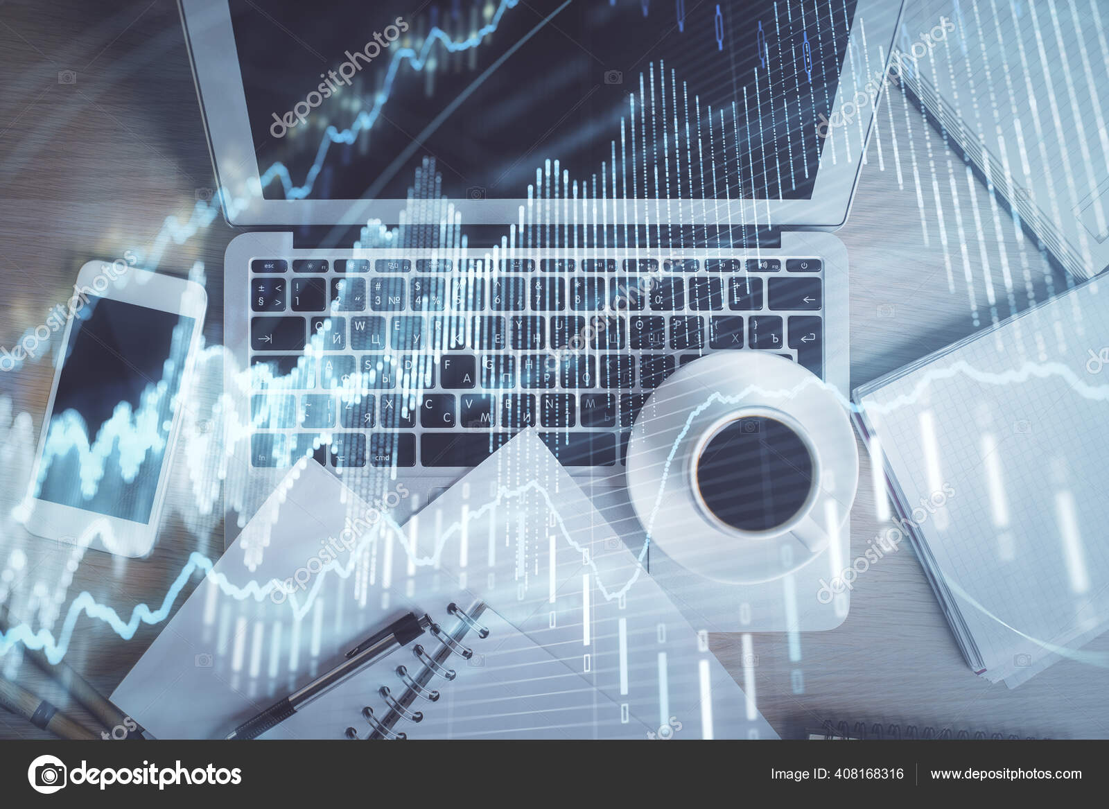 Stock Market Chart Top View Computer Table Background Double Exposure ...