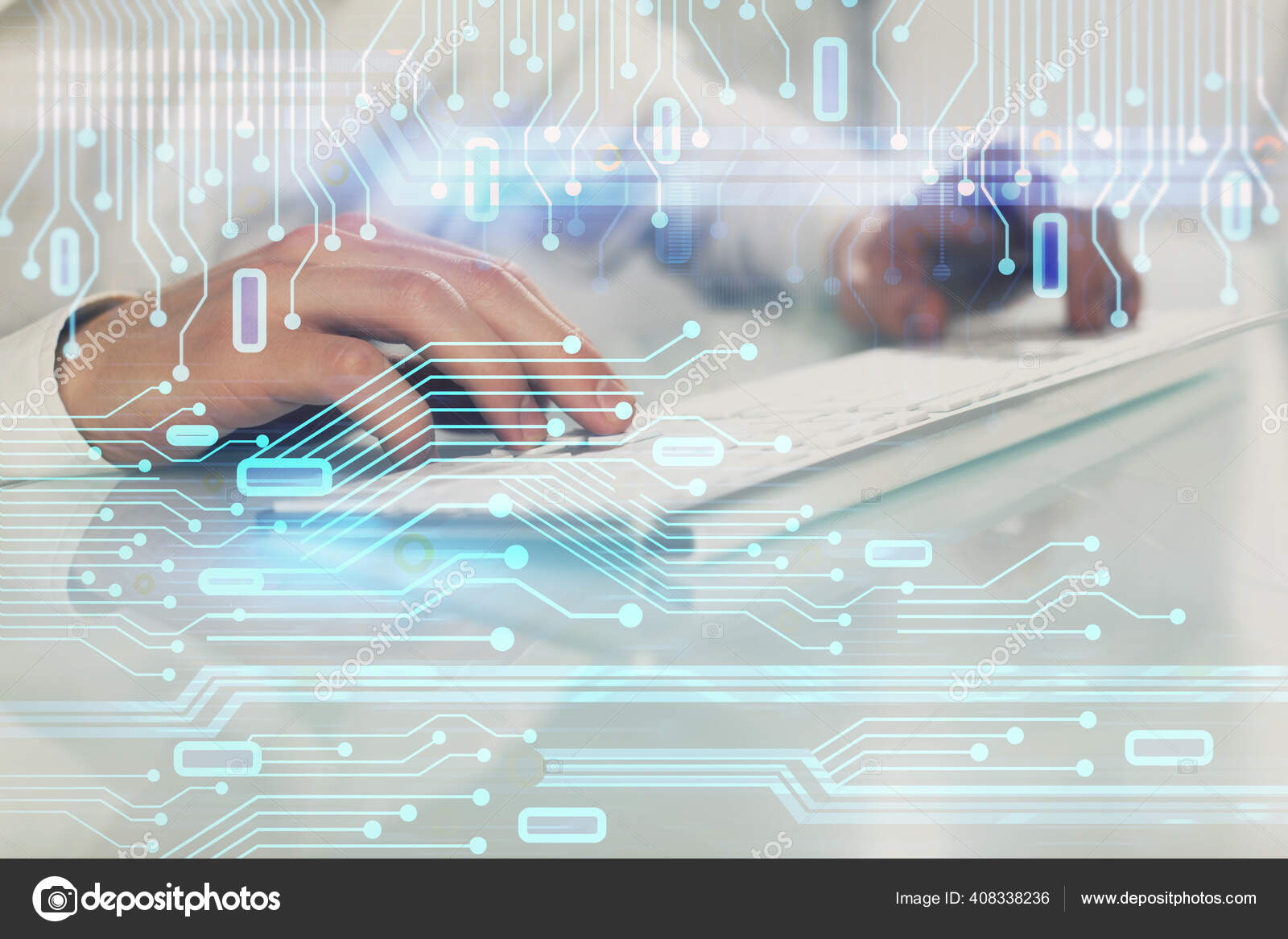 Multi Exposure Tech Drawings Man Working Computer Background Concept ...