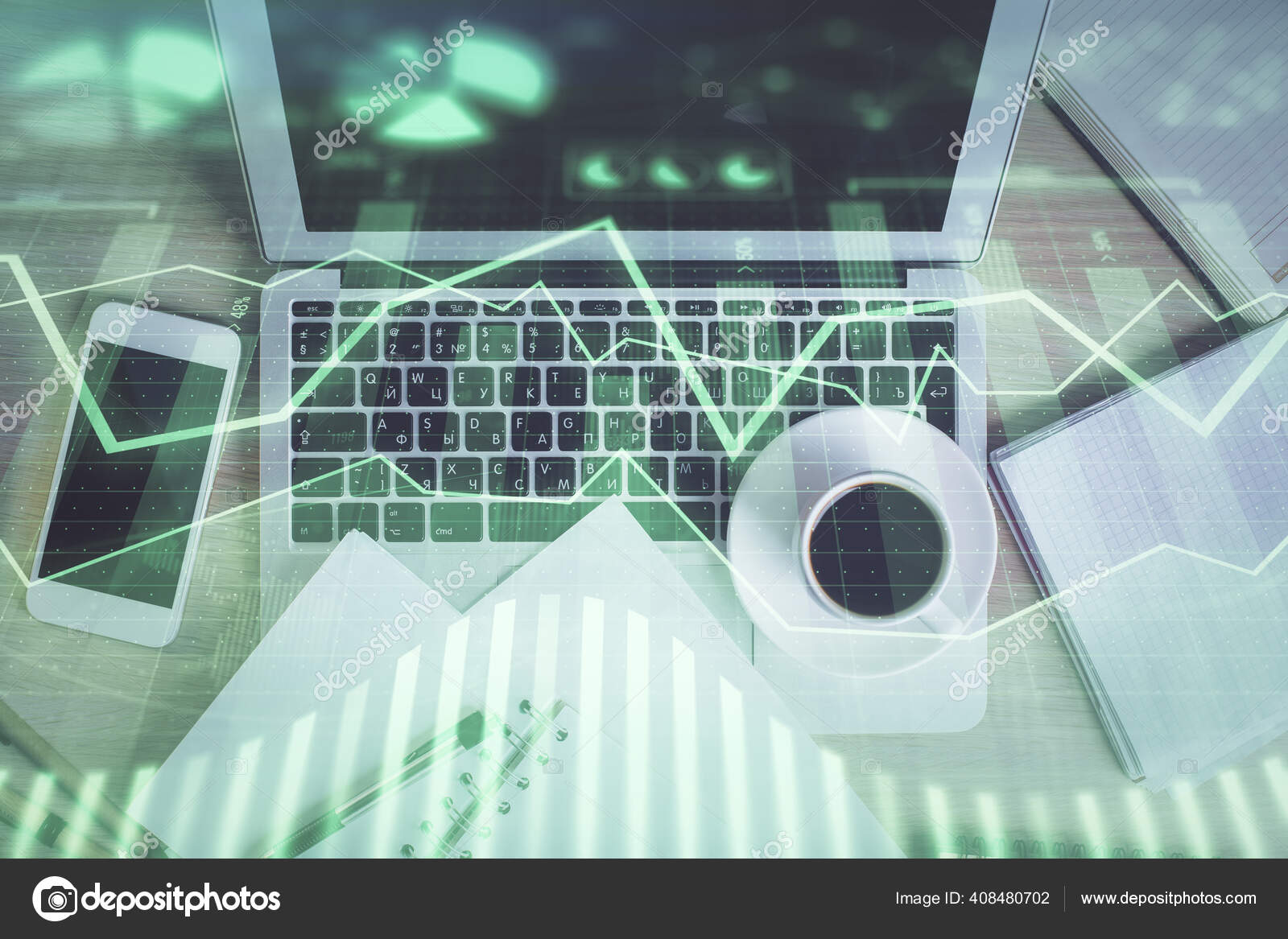 Stock market chart and top view computer on the table background ...