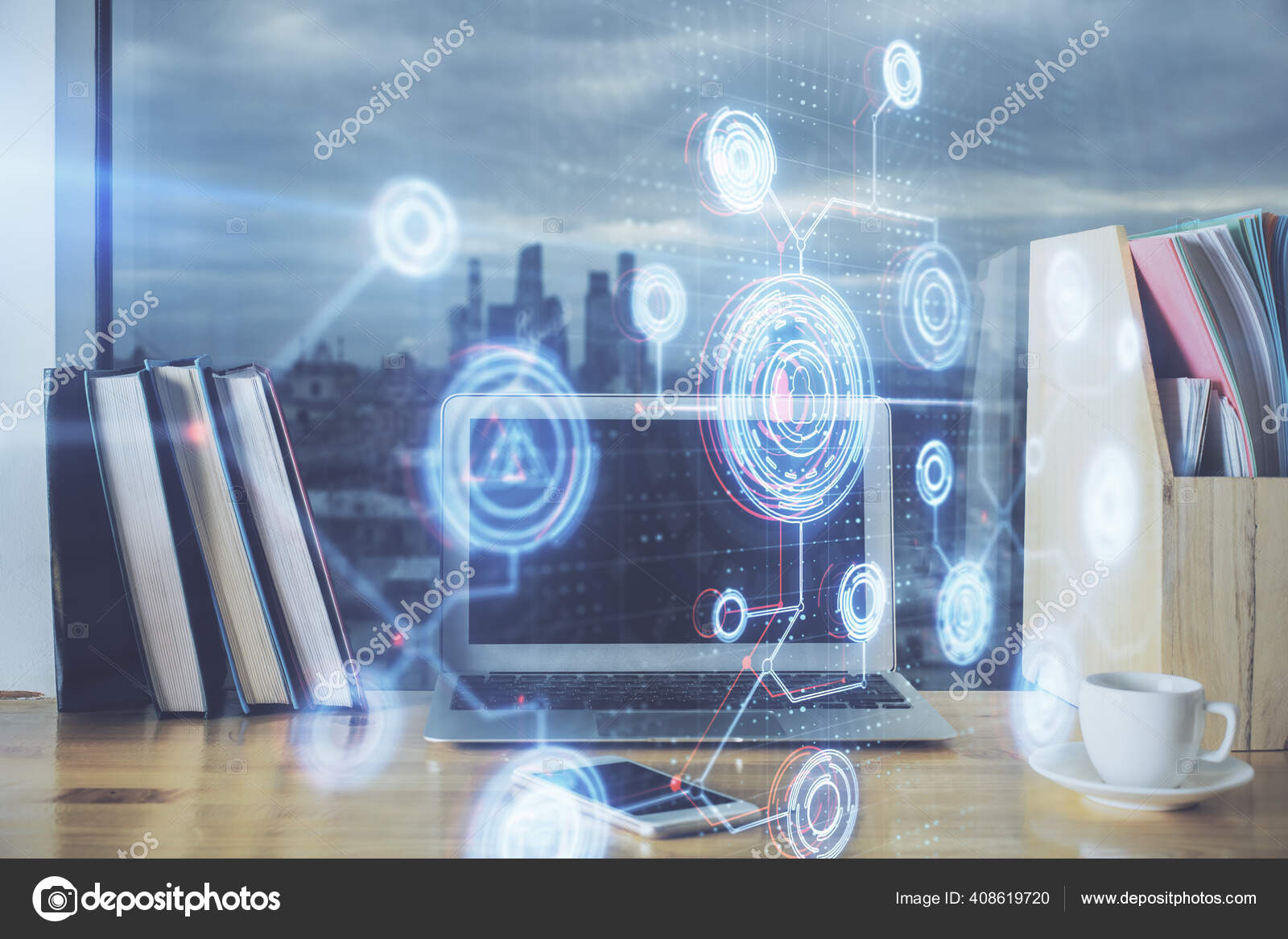 Double exposure of computer and technology theme drawing. Concept of ...