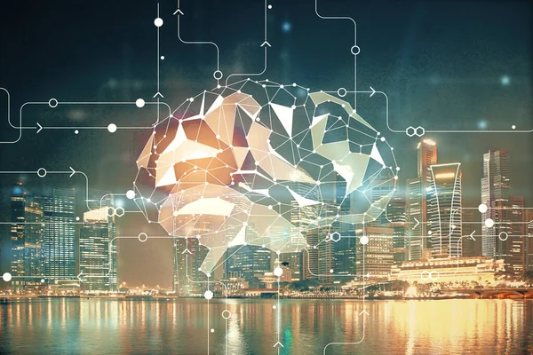 Brain Hologram Drawing City Scape Background Double Exposure ...
