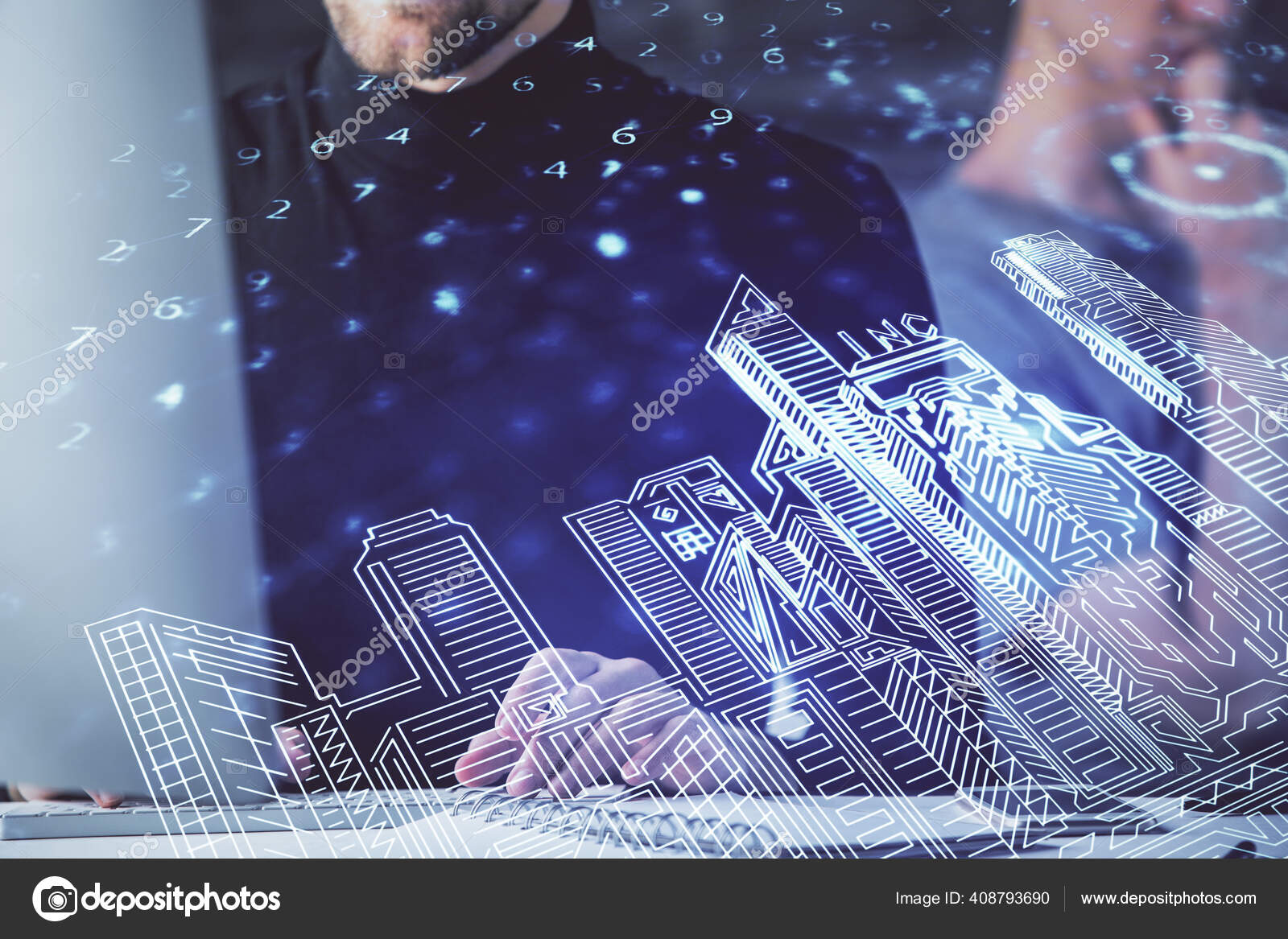 High tech city drawing with businessman working on computer on ...