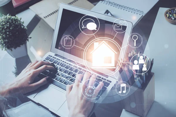 High tech city drawing with businessman working on computer on ...