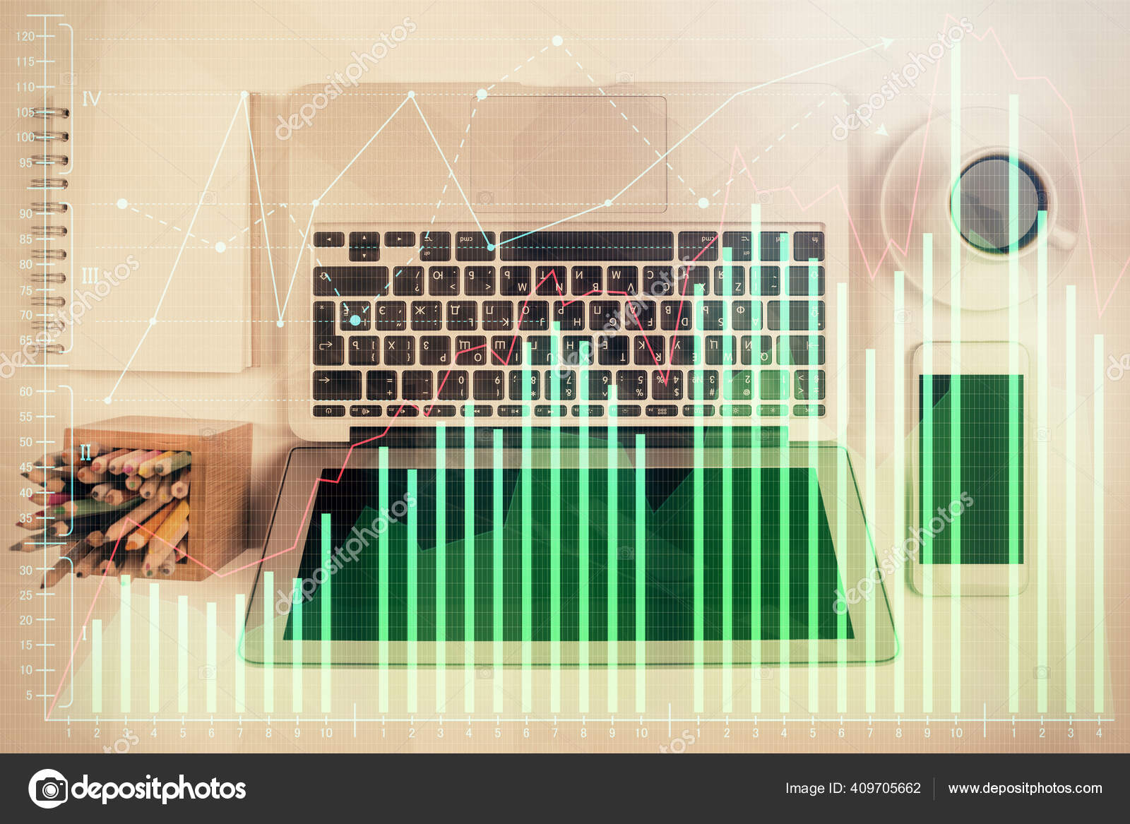 Stock market chart and top view computer on the table background. Multi ...
