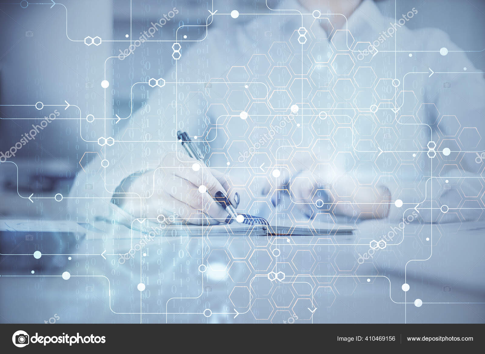 Multi exposure of hands making notes with digital coding icons ...
