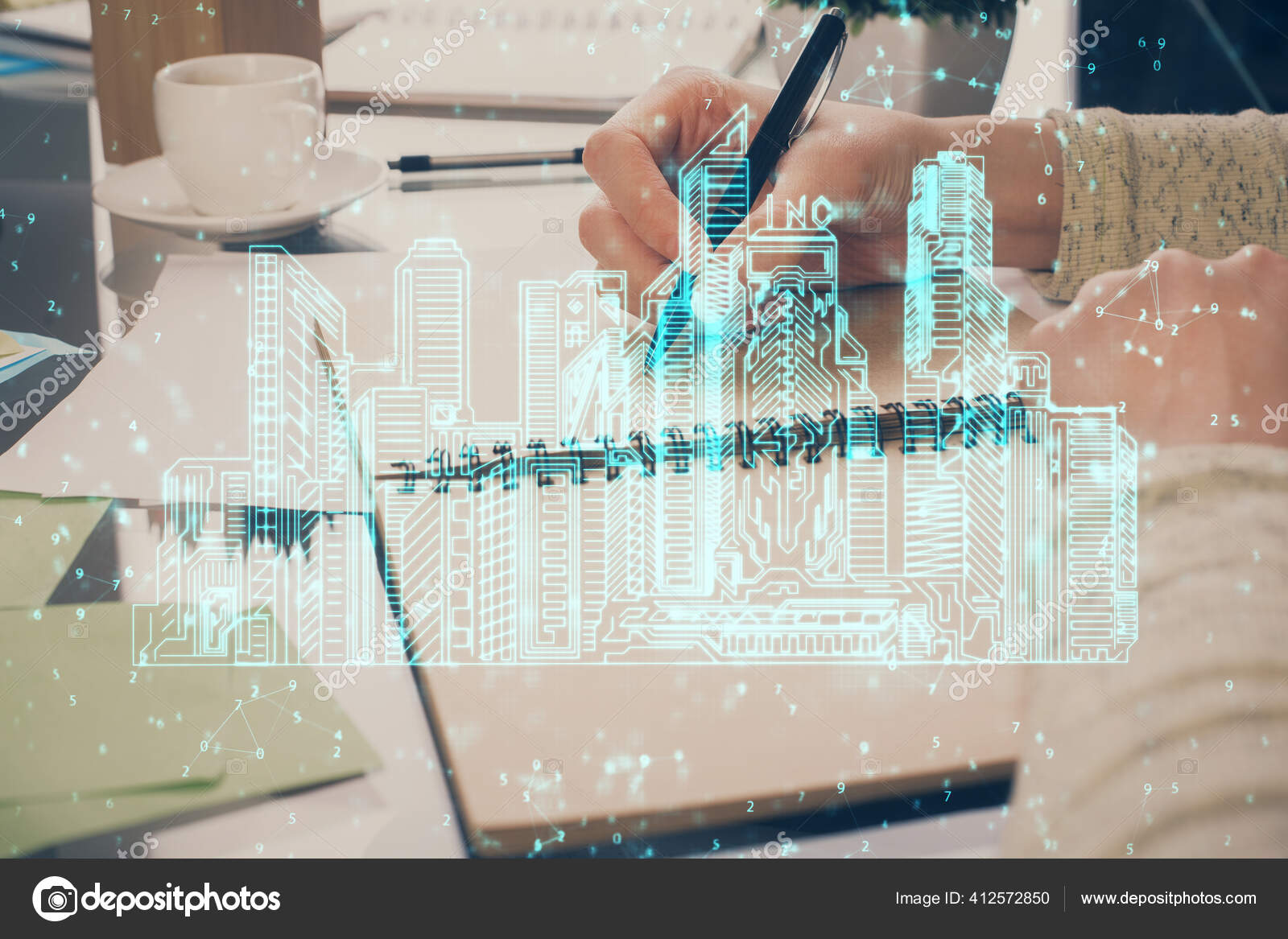 IOT drawing over writing hands in notepad background. Concept of smart ...