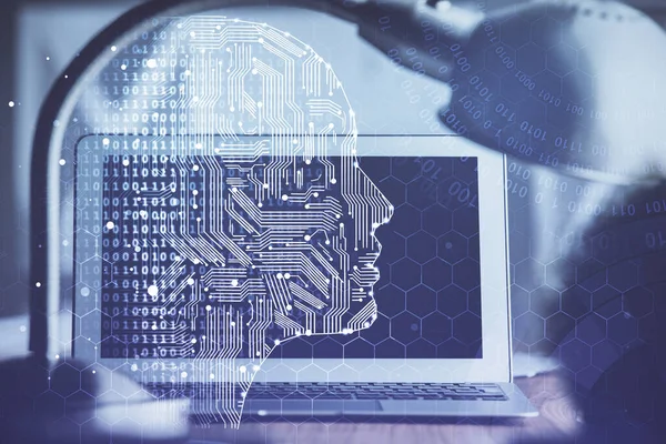 Double exposure of desktop computer and human brain drawing hologram ...