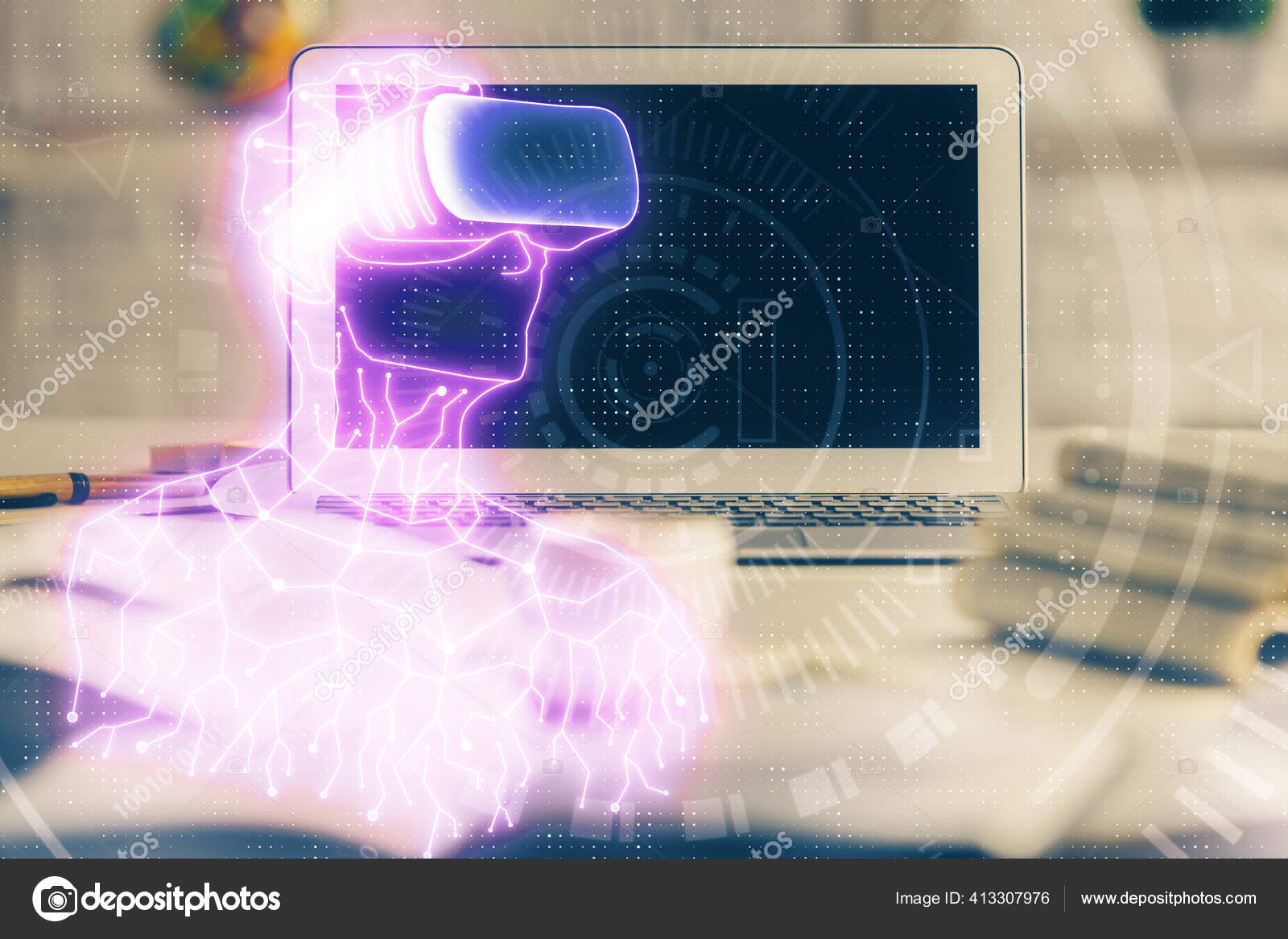 Computer on desktop with AR theme icon. Multi exposure. Concept of ...