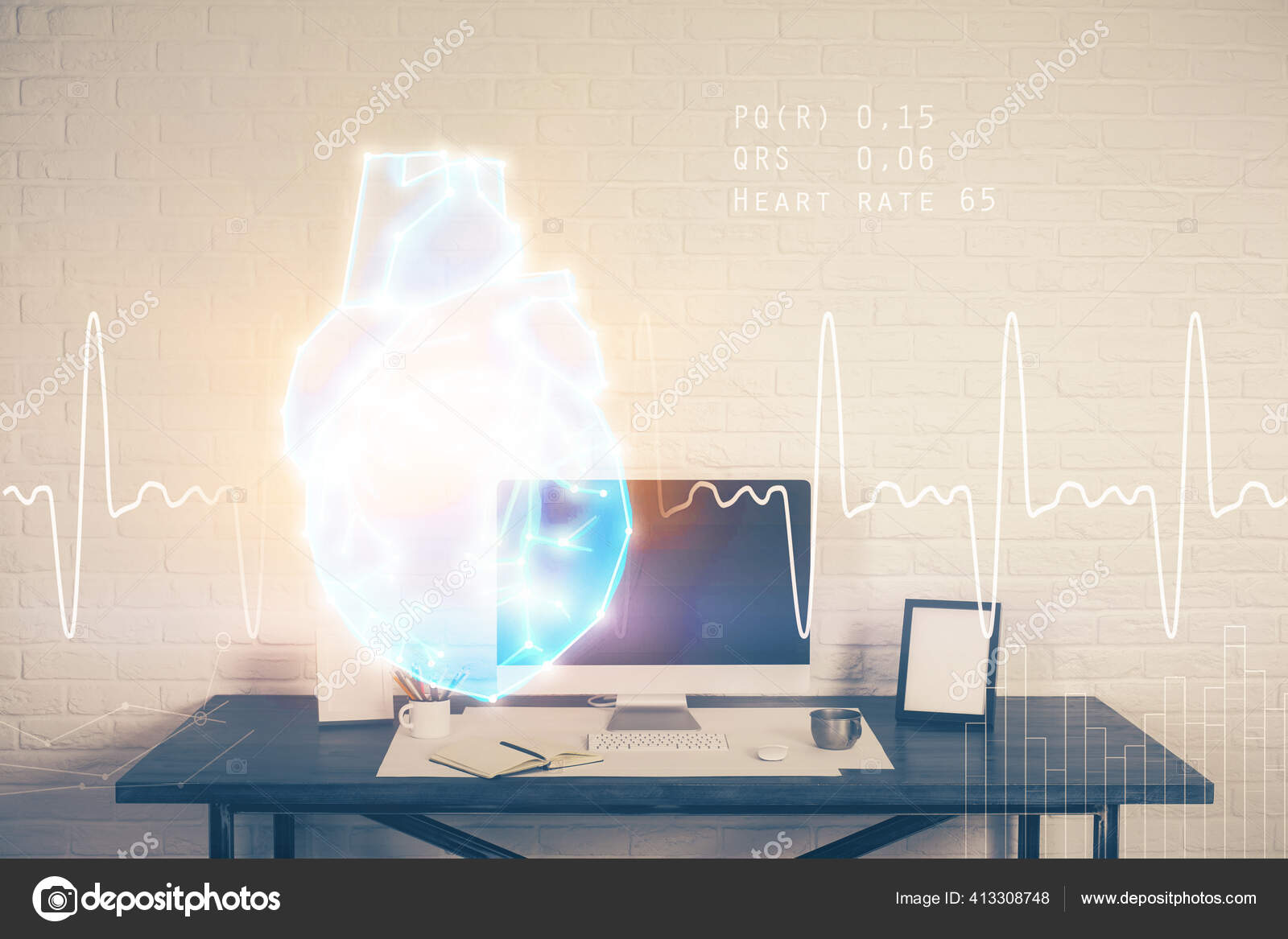 Desktop computer background and heart drawing. Double exposure. Medical ...