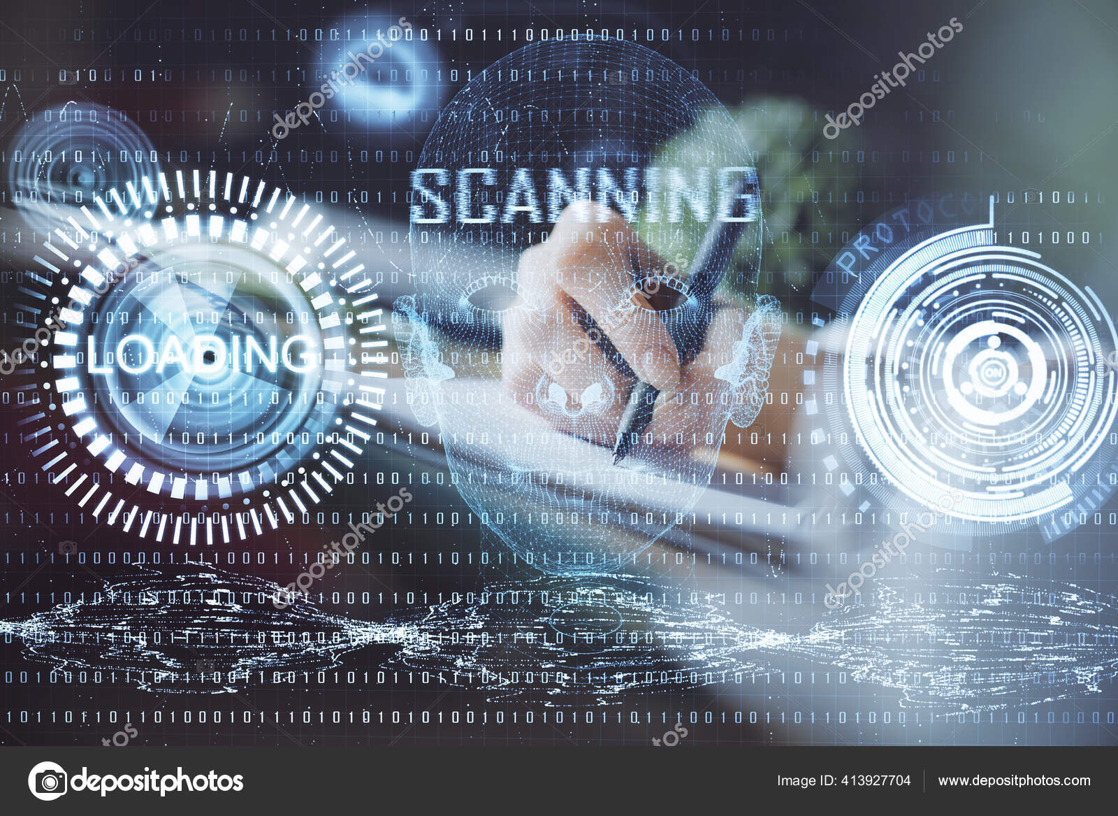 Double exposure of hands making notes background with technology and ...