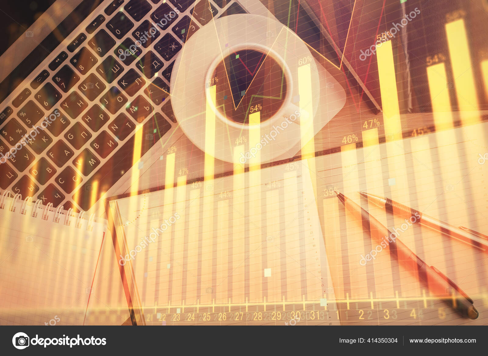 Stock market chart and top view computer on the table background ...