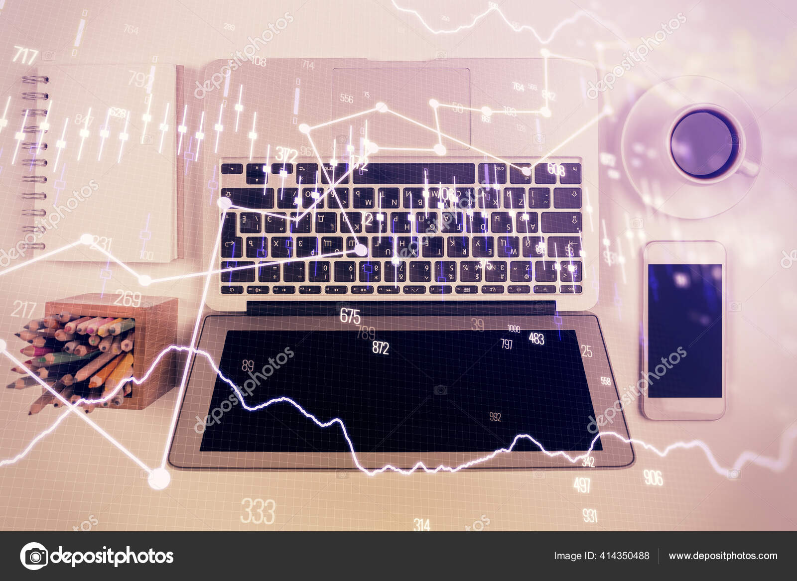Stock market chart and top view computer on the table background. Multi ...
