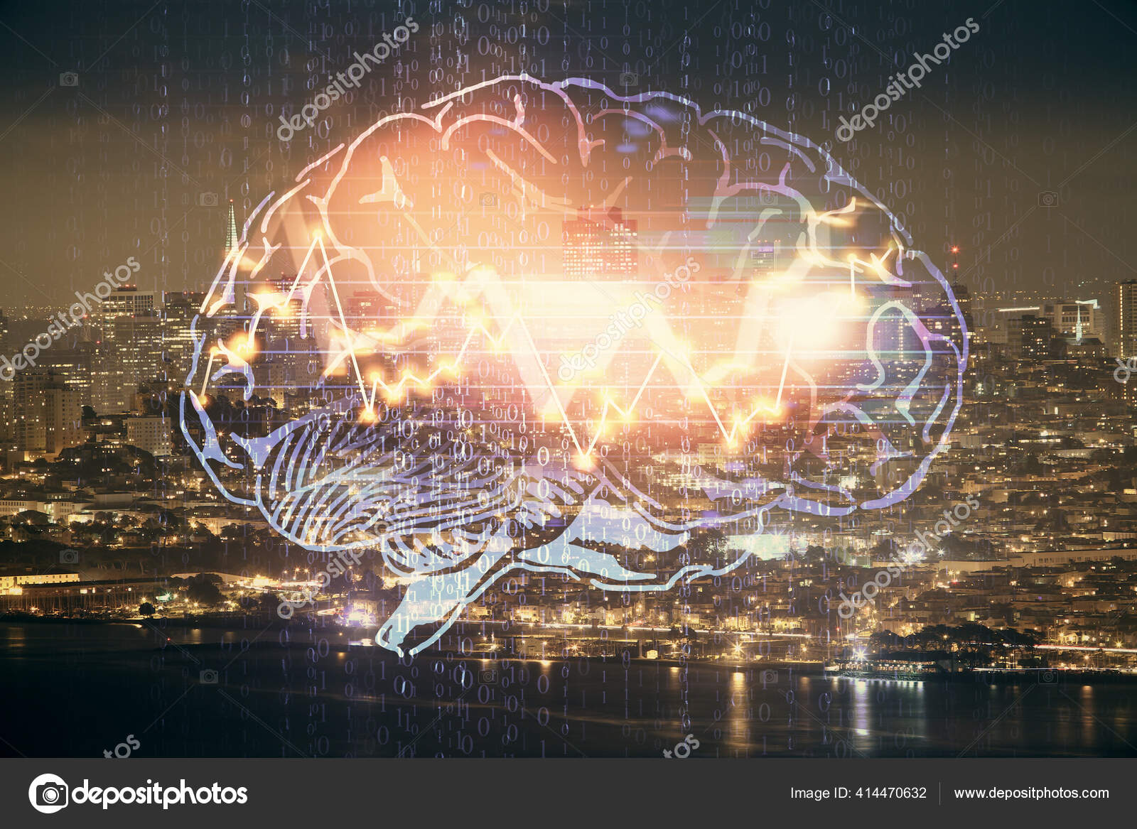 Brain hologram drawing on city scape background Double exposure ...