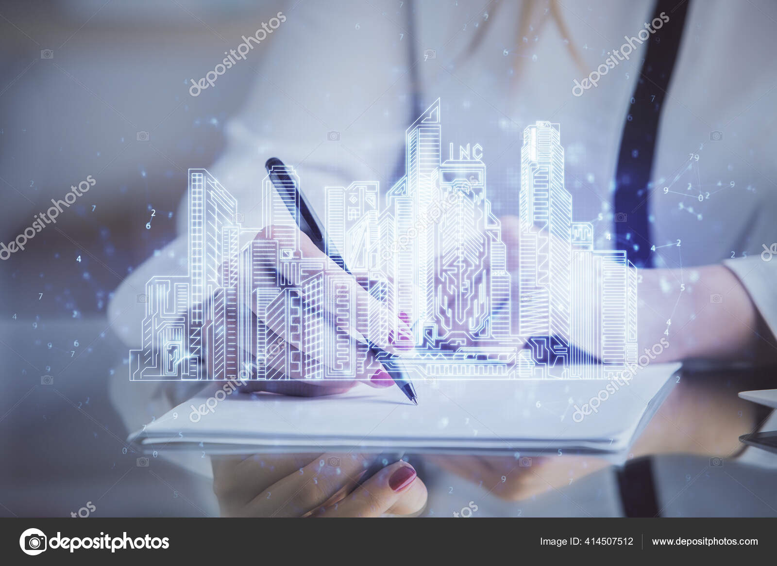 IOT drawing over writing hands in notepad background. Concept of smart ...