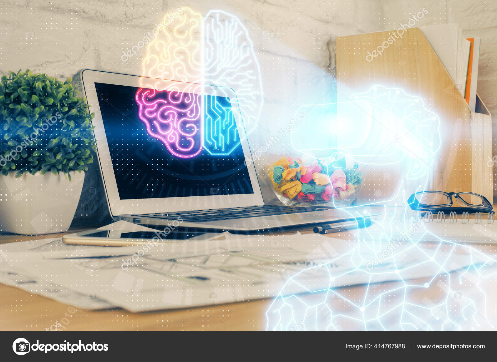 Computer on desktop with AR theme icon. Multi exposure. Concept of ...