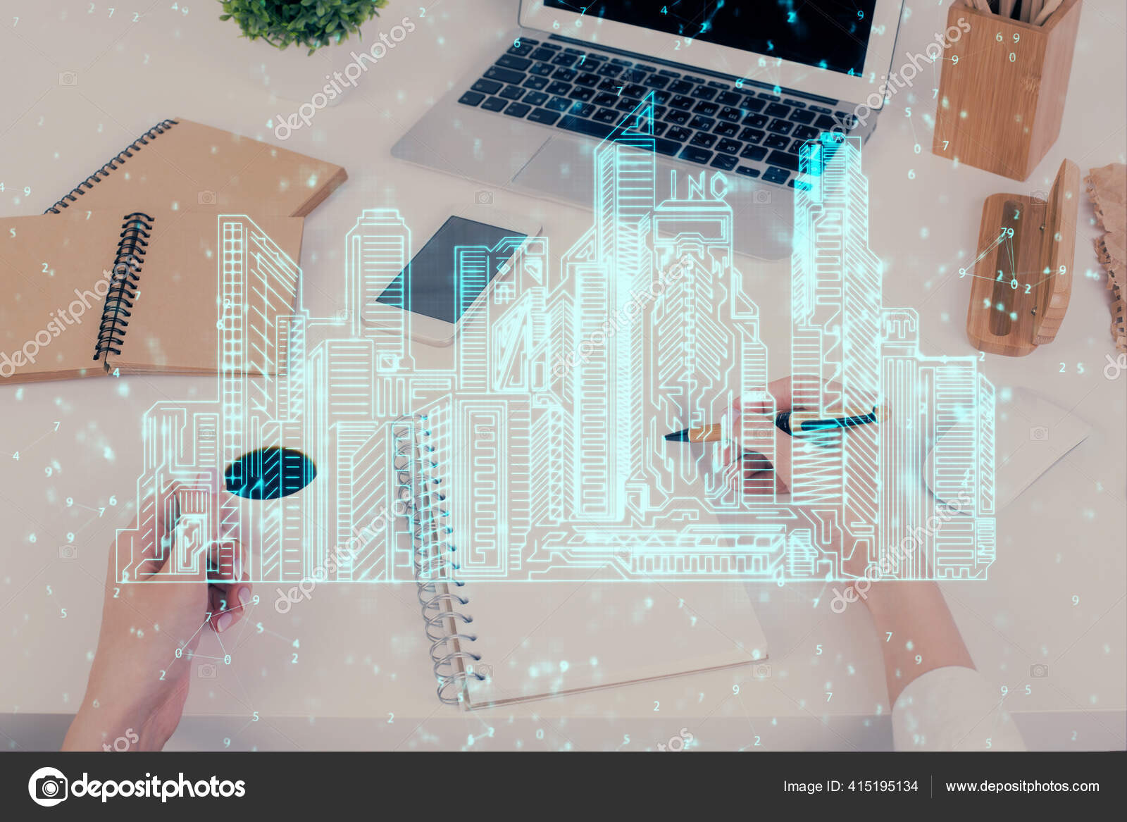 IOT drawing over writing hands in notepad background. Concept of smart ...