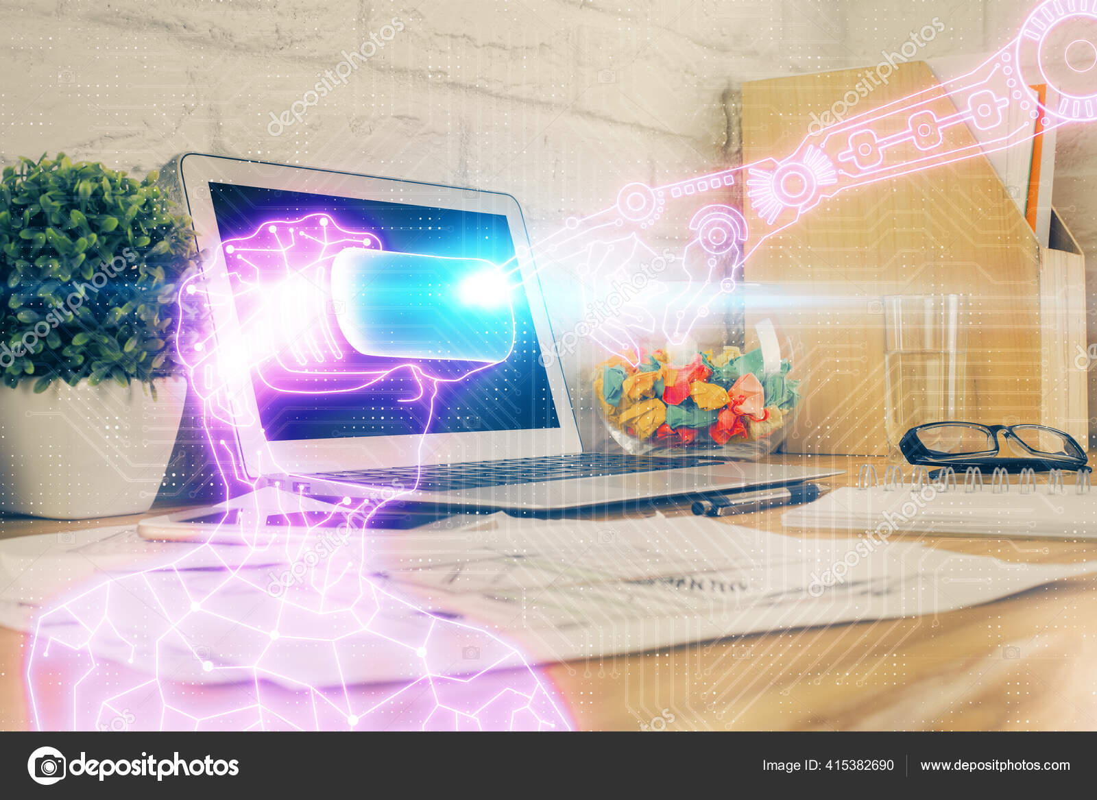 Computer on desktop with AR theme icon. Multi exposure. Concept of ...