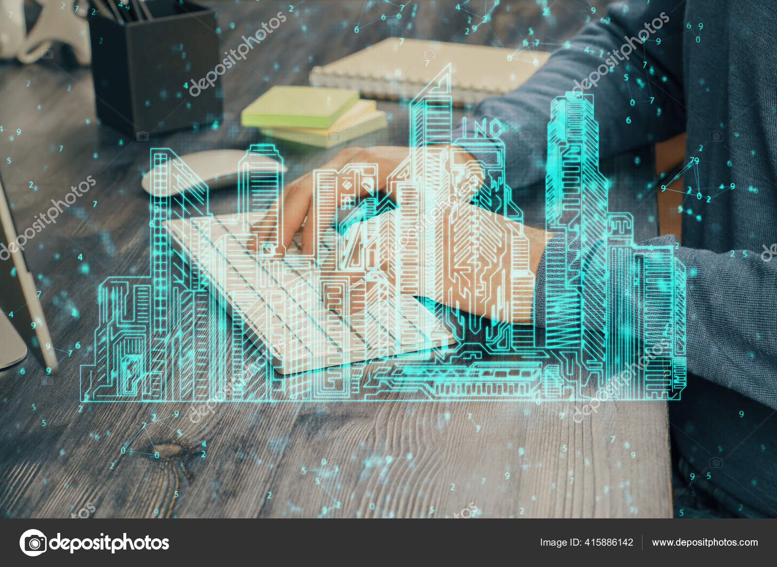 High tech city drawing with businessman working on computer on ...