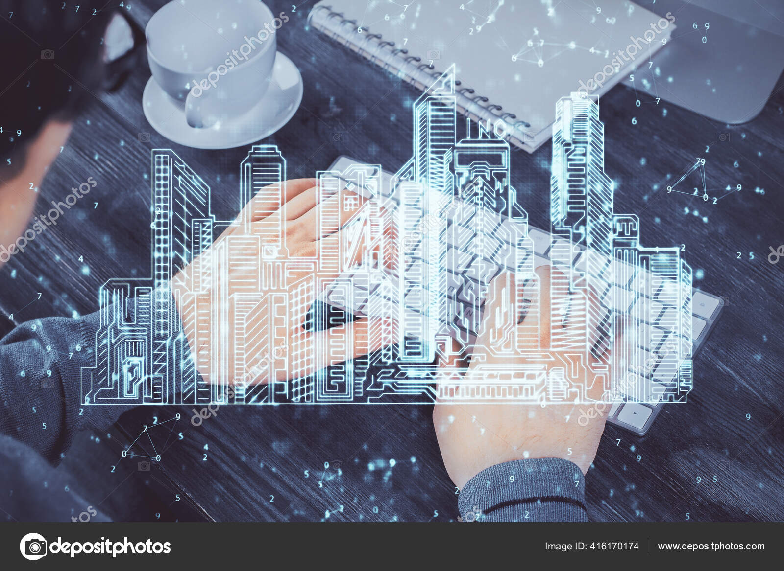 High tech city drawing with businessman working on computer on ...