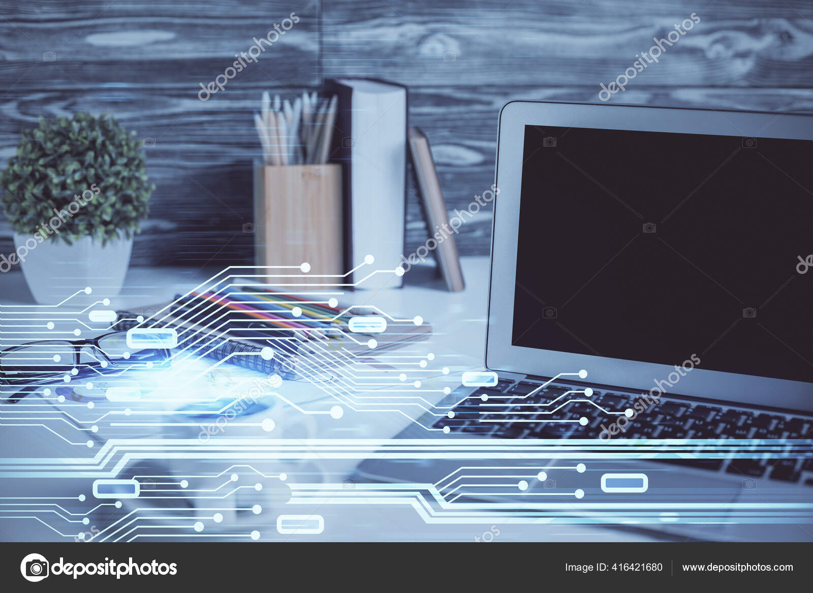 Multi exposure of desktop with computer on background and tech theme ...