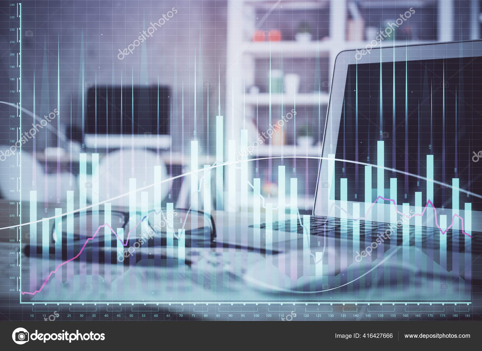 Stock market graph and table with computer background. Multi exposure ...