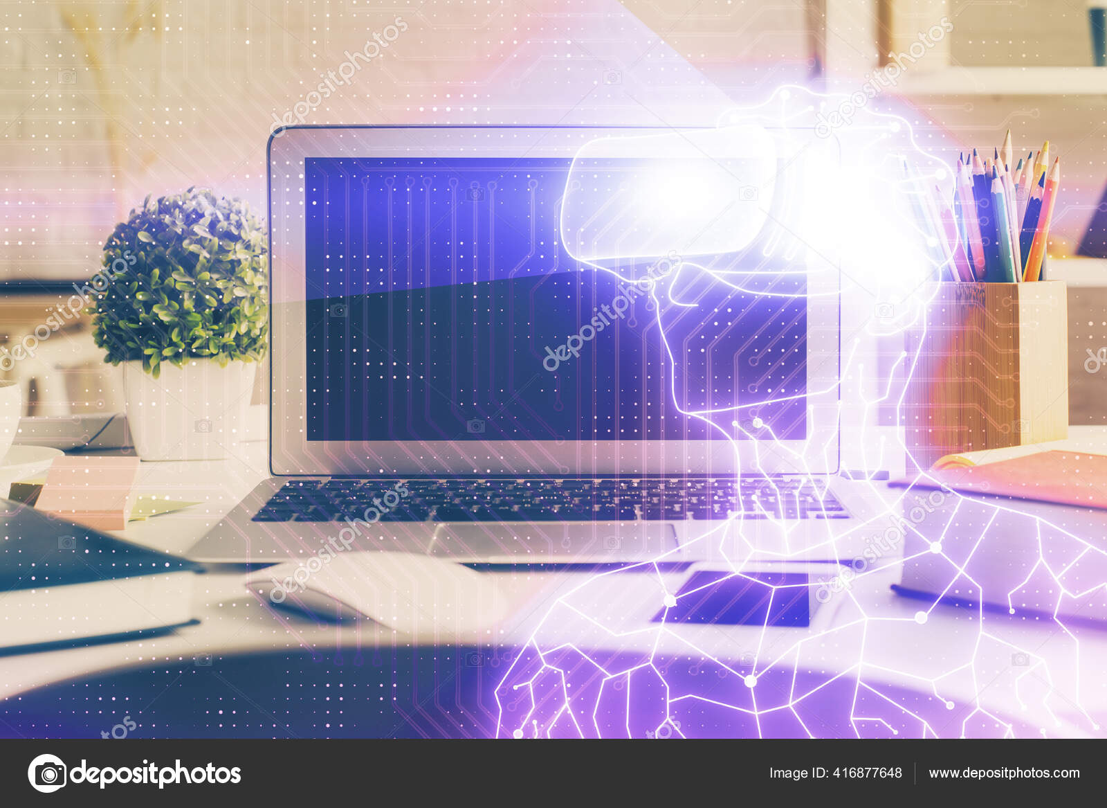 Computer on desktop with AR theme icon. Multi exposure. Concept of ...