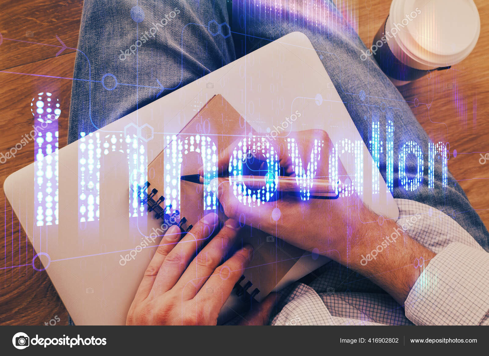 Writing human hands with data theme multi exposure icons. — Stock Photo ...