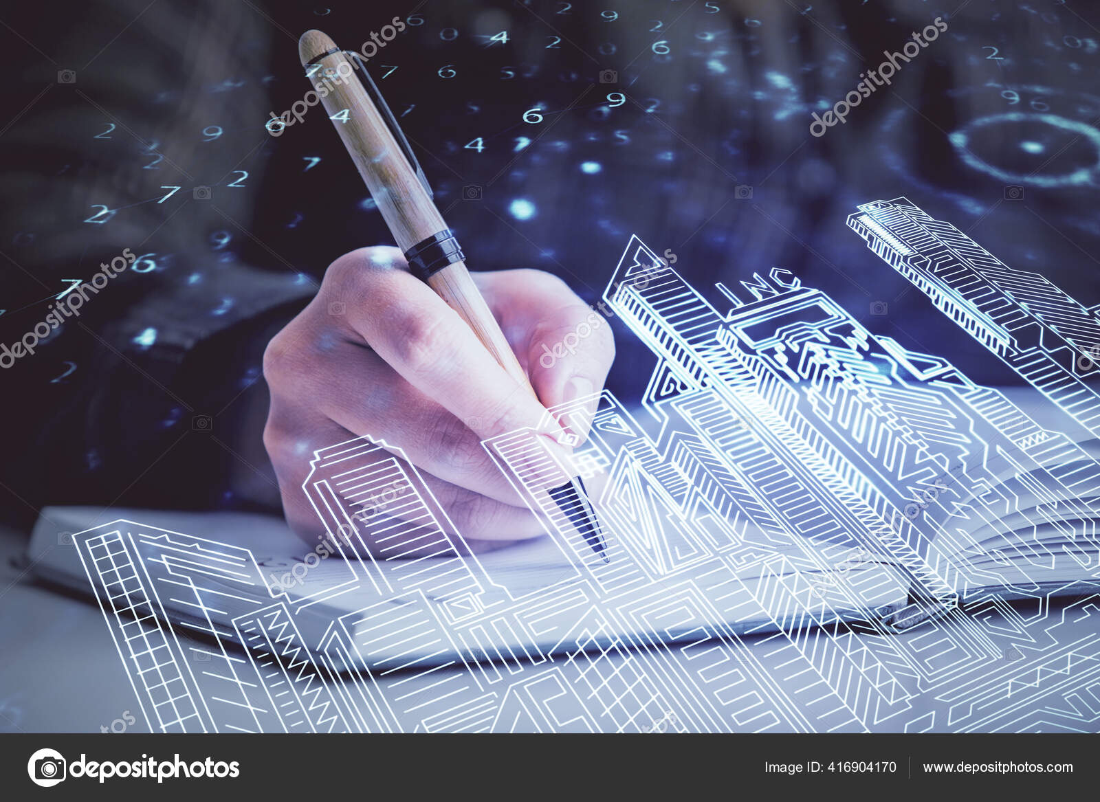 IOT drawing over writing hands in notepad background. Concept of smart ...