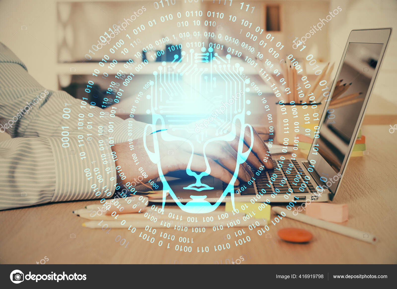 Man typing on keyboard background with brain hologram. Concept of big Data. Double exposure ...