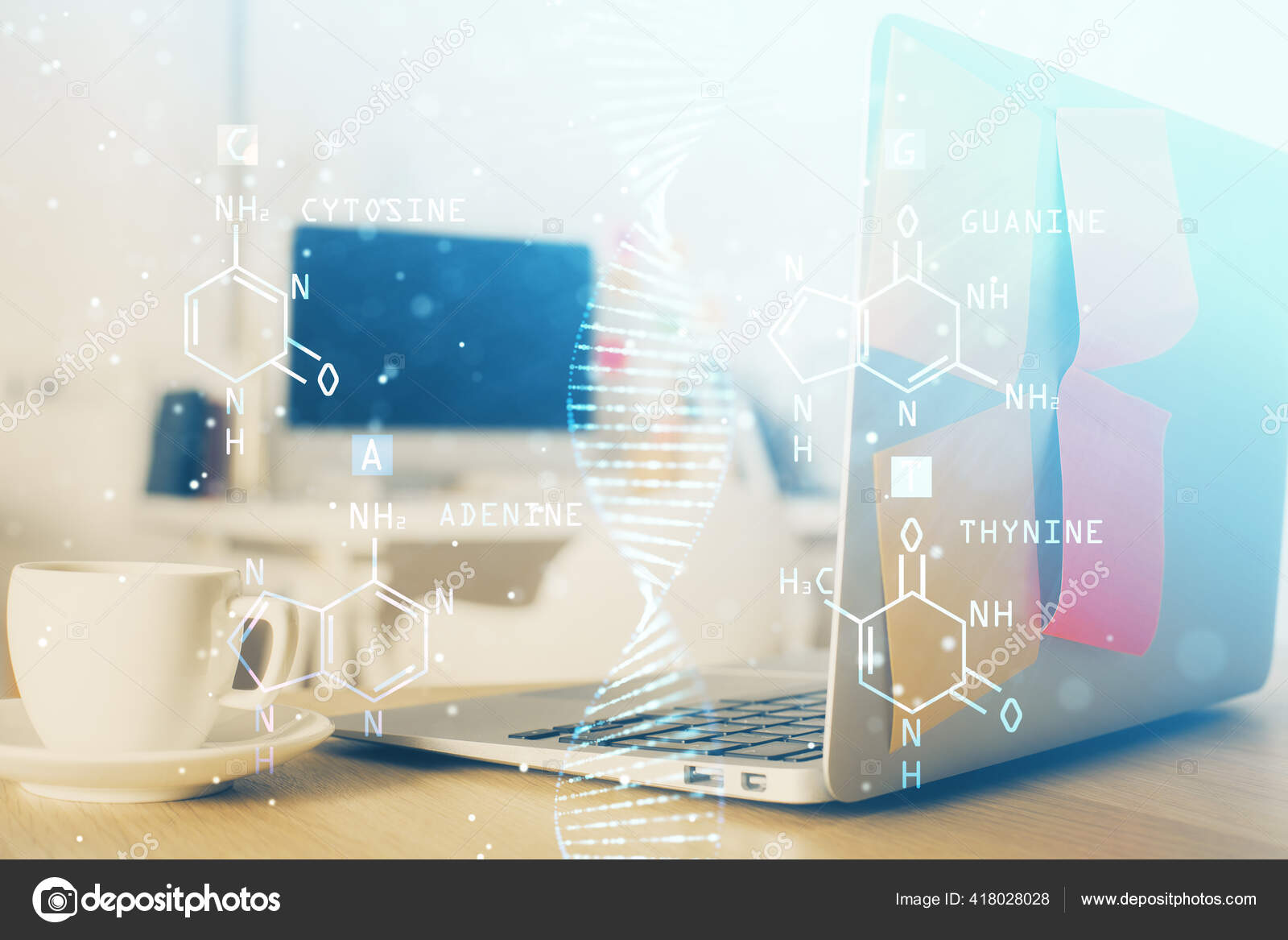Desktop Computer Background Dna Drawing Double Exposure Science Concept ...