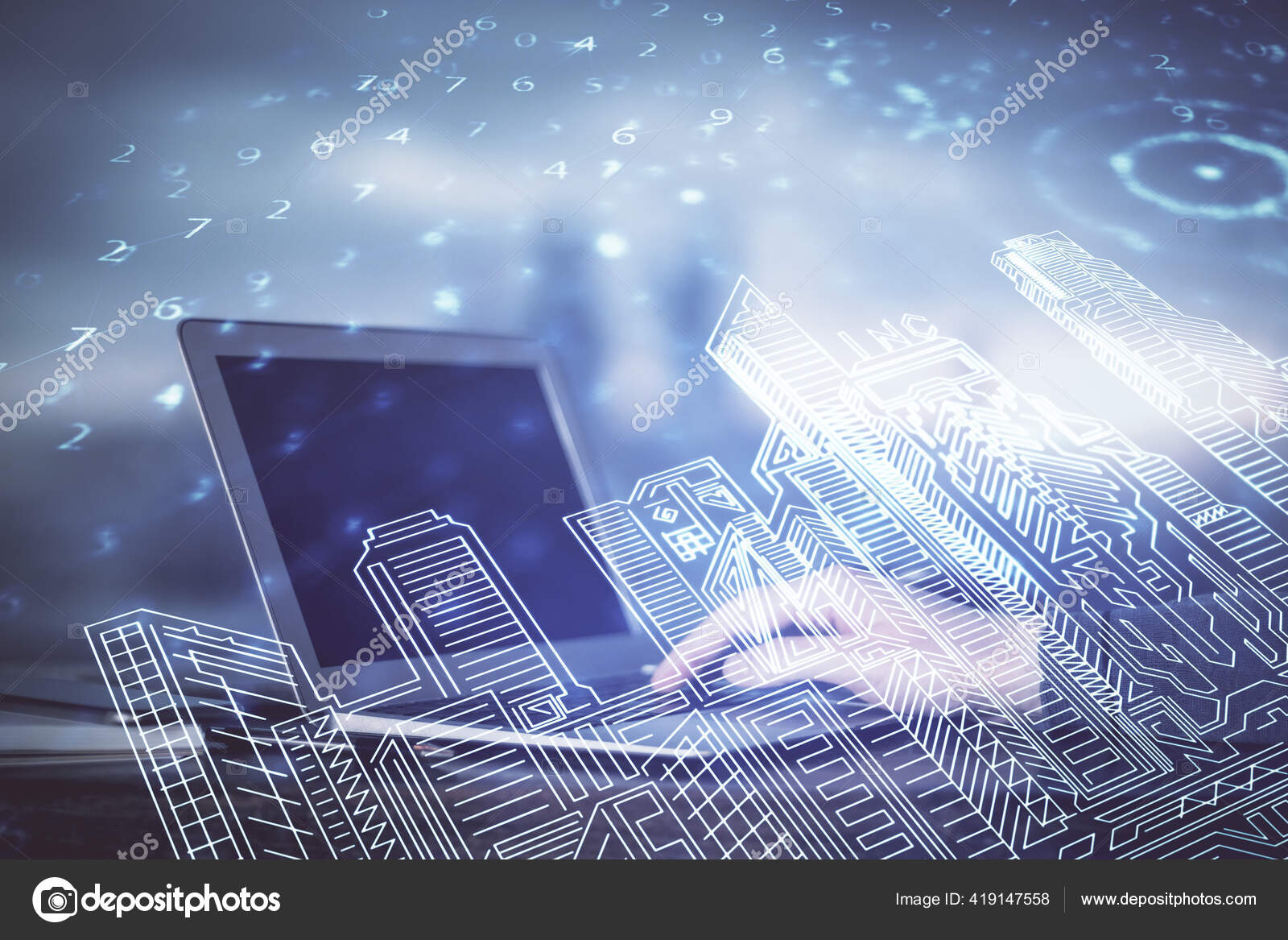 High Tech City Drawing Businessman Working Computer Background ...