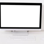 Blank white mock up modern computer monitor with white keyboard at ...