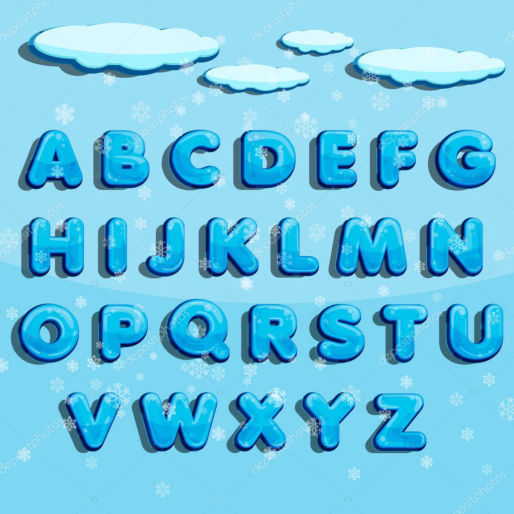 Alfabeto vectorial de invierno con nieve. Letra abc, fuente helada ...