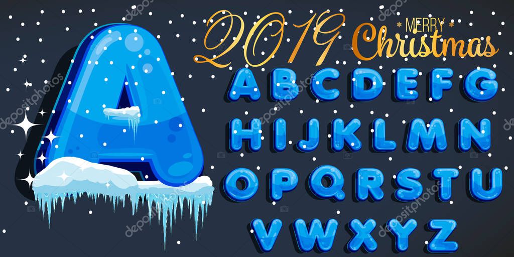 Alfabeto vectorial de invierno con nieve. Letra abc, fuente helada ...