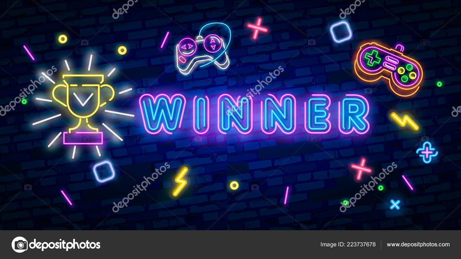 Glowing Neon Sign Award Cup Frame Dark Brick Wall Background Stock ...