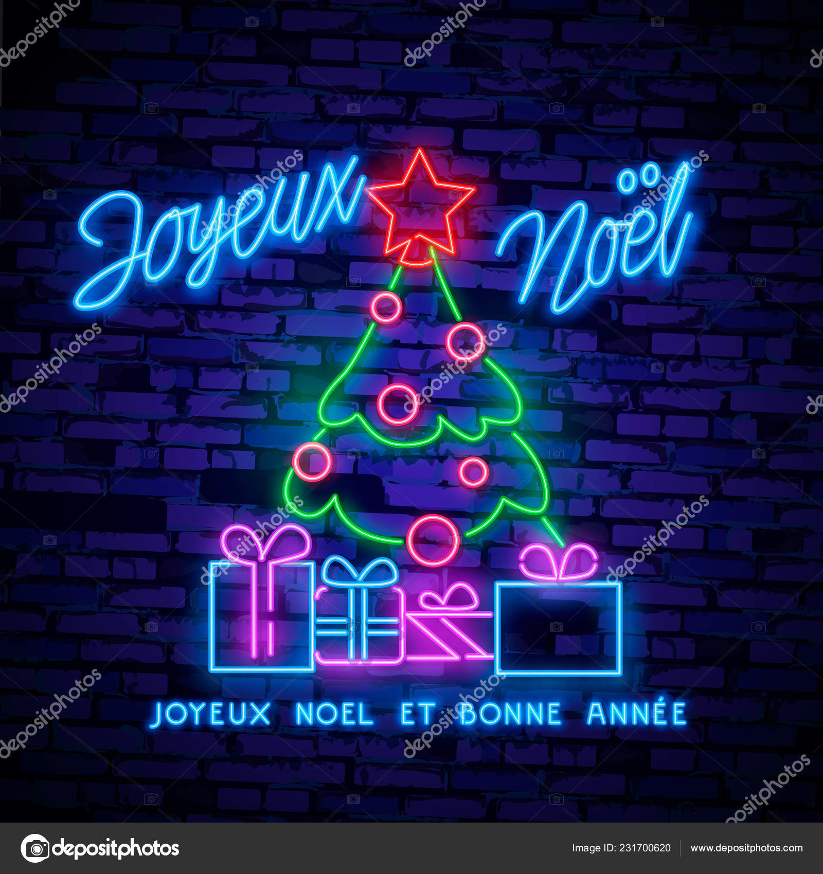 Neon lights design, French Joyeux Noel. Christmas background, retro ...