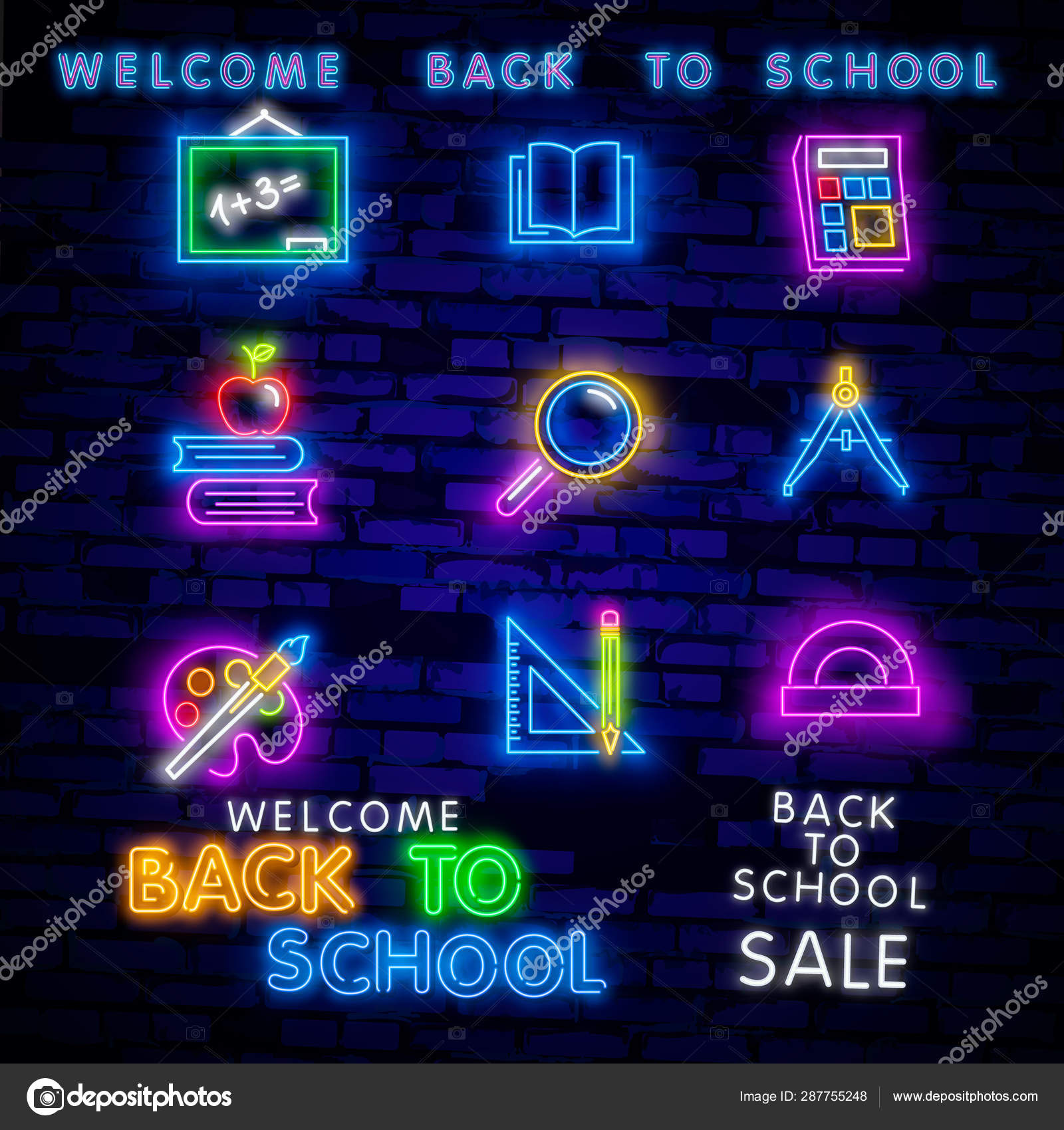 Back to School Welcome greeting card design template neon vector ...